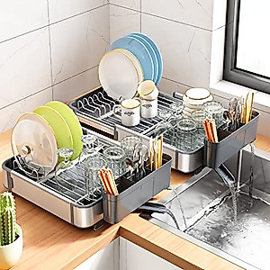 Aluminum Dish Drying Rack for Kitchen Counter - Rustproof Large Dish Racks, Expandable Sink Dish Strainers with Utensil Holder and Drainboard, Silver