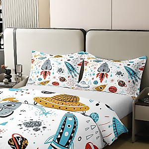 Erosebridal 100% Organic Cotton Outer Space Duvet Cover Full,Kids Boys Space Ship Rocket Bedding Set,Cartoon Universe Stars Planet Comforter Cover,Cosmos Meteorite Bed Sets with 2 Pillow Cases