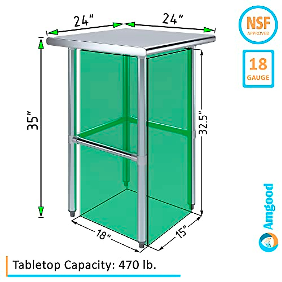 24" x 24" Open Base Stainless Steel Work Table | Residential & Commercial | Food Prep | Heavy Duty Utility Work Station | NSF