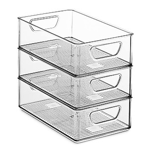 Set Of 6 Refrigerator Organizer Bins - Stackable Fridge Organizers with Cutout Handles for Freezer, Kitchen, Countertops, Cabinets - Clear Plastic Pantry Food Storage Rack