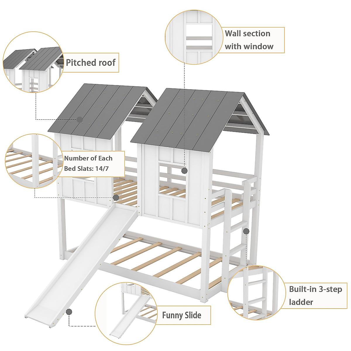Merax Twin-Over-Twin Wooden House Bunk Bed with Slide, Windows, Ladder and Guardrails, Twin Size White House Bunk Bed