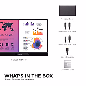 ViewSonic VG1655 15.6 Inch 1080p Portable Monitor with 2 Way Powered 60W USB C, IPS, Eye Care, Dual Speakers, Built-in Stand with Smart Cover , Black