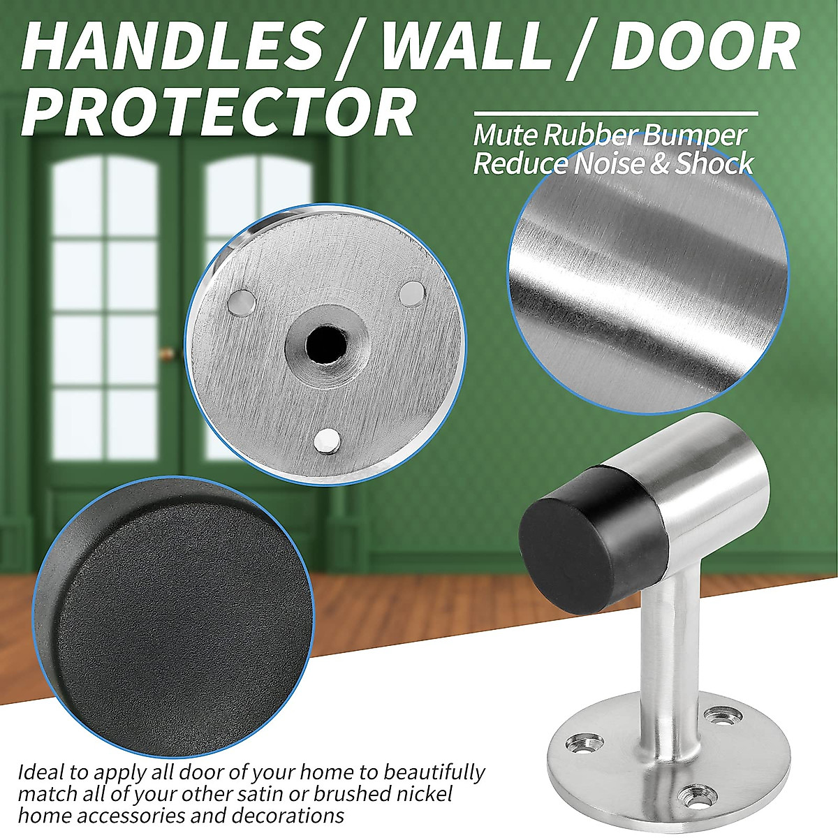 Masendelk Floor Mount Door Stopper, Heavy Duty Door Stop Brushed Nickel Doorstop with Rubber Bumper & Stainless Steel Screws, 3 Inch Height