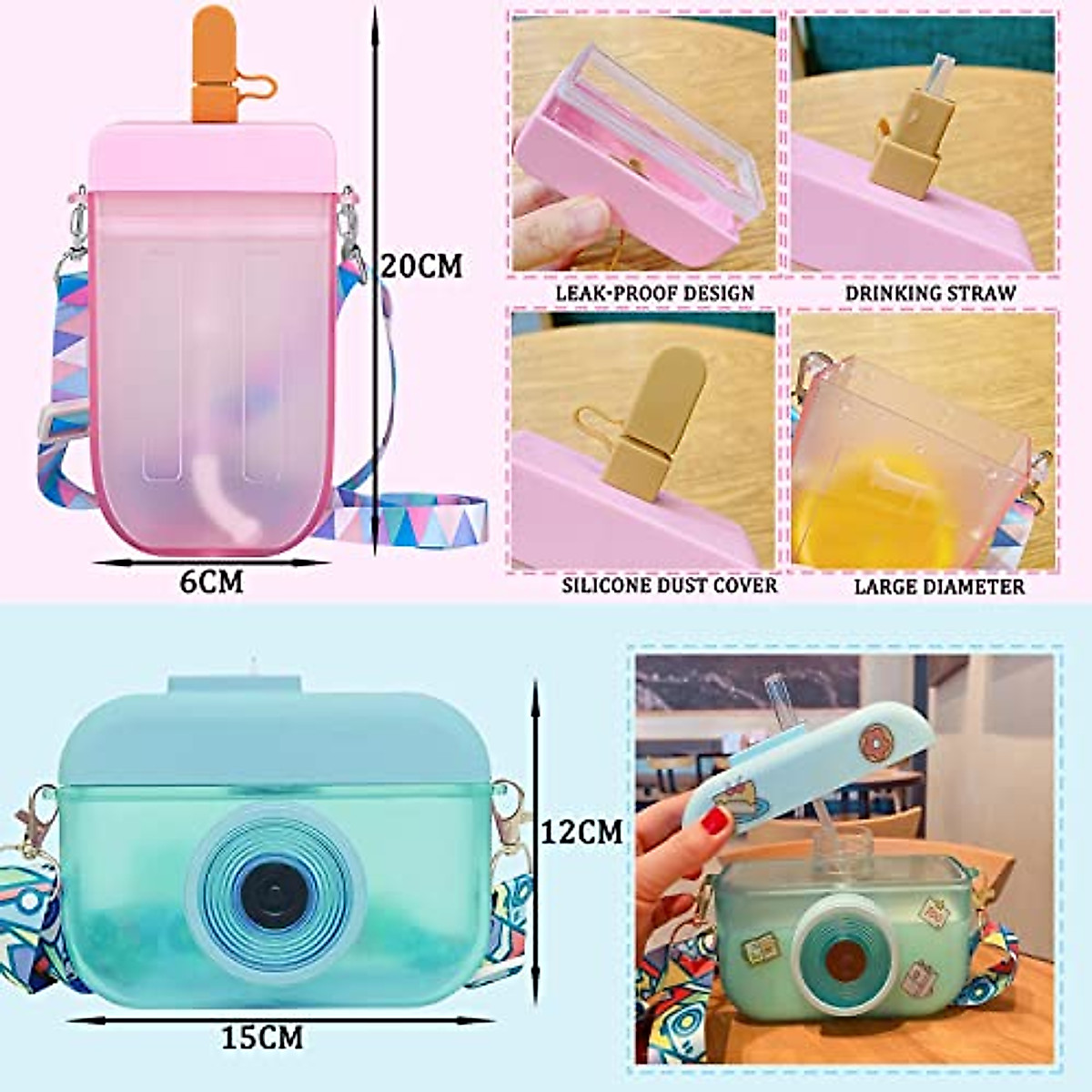 2 Pieces kawaii Water Bottles with Straw and Strap, Cute Plastic Camera Ice Cream Popsicle Cartoon Water Bottle Leakproof Water Cups Juice Drinking Bottle for School Girls Summer Outdoor