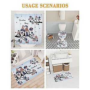 4Pcs Bath Set Home Decor, Freedom Gnomes Bathroom Waterproof Shower Curtain with Hook, 4th of July Patriotic Memorial Flag Day Large Runner Rugs, Toilet Lid Cover and U-Shaped Bath Mat, 66"x72"