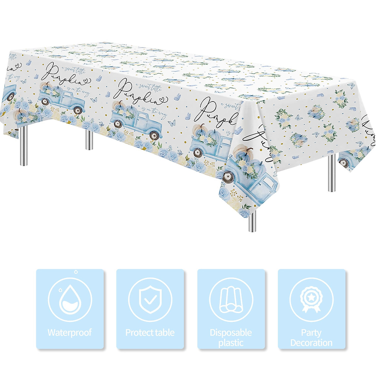 Srua Don Pumpkin Baby Shower Decorations Tablecloth Boy, Blue Little Pumpkin Baby Shower Party Supplies Table Cover, Thanksgiving Fall Pumpkin Baby Boy Decorations Table Cloth, 3 Pack (54in x 108in)