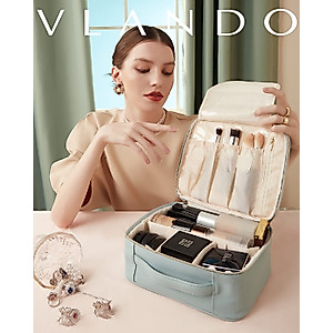 Vlando Makeup Bag, Travel Makeup Bags,Large Portable Make Up Bag Organzier with Dividers and Handle Gifts for Women Girls,Traveler,Christmas,Wedding Blue