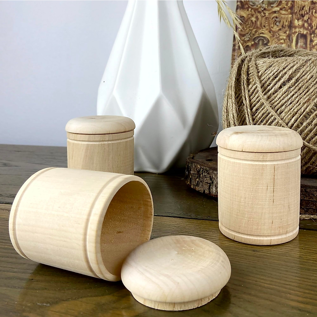 AEVVV 3pcs 2.8''x2'' Round Wooden Box with Lid Trinket Box Wedding Jewelry Box Decorative Boxes DIY Storage Trinket Bearer Container Case Wood Ring Box