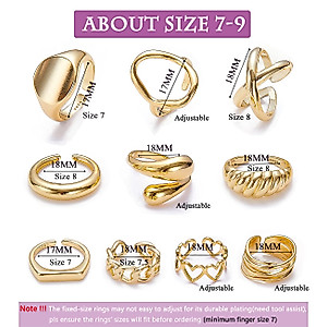 MOROYA 10PCS Gold Dome Chunky Rings for Women 18K Gold Plated Braided Twisted Round Signet Rings Adjustable Open Ring Band Statement Jewelry Size 7-9
