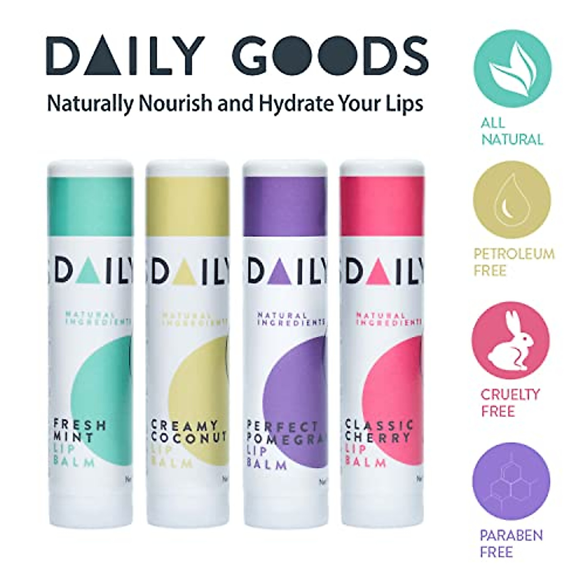 Assorted Natural Lip Balm Pack with Cocoa Butter and Coconut Oil by DAILY GOODS, Includes Pomegranate, Coconut, Cherry, and Spearmint Flavors, Enriched with Vitamin E - Pack of 8, 0.15 oz Tubes