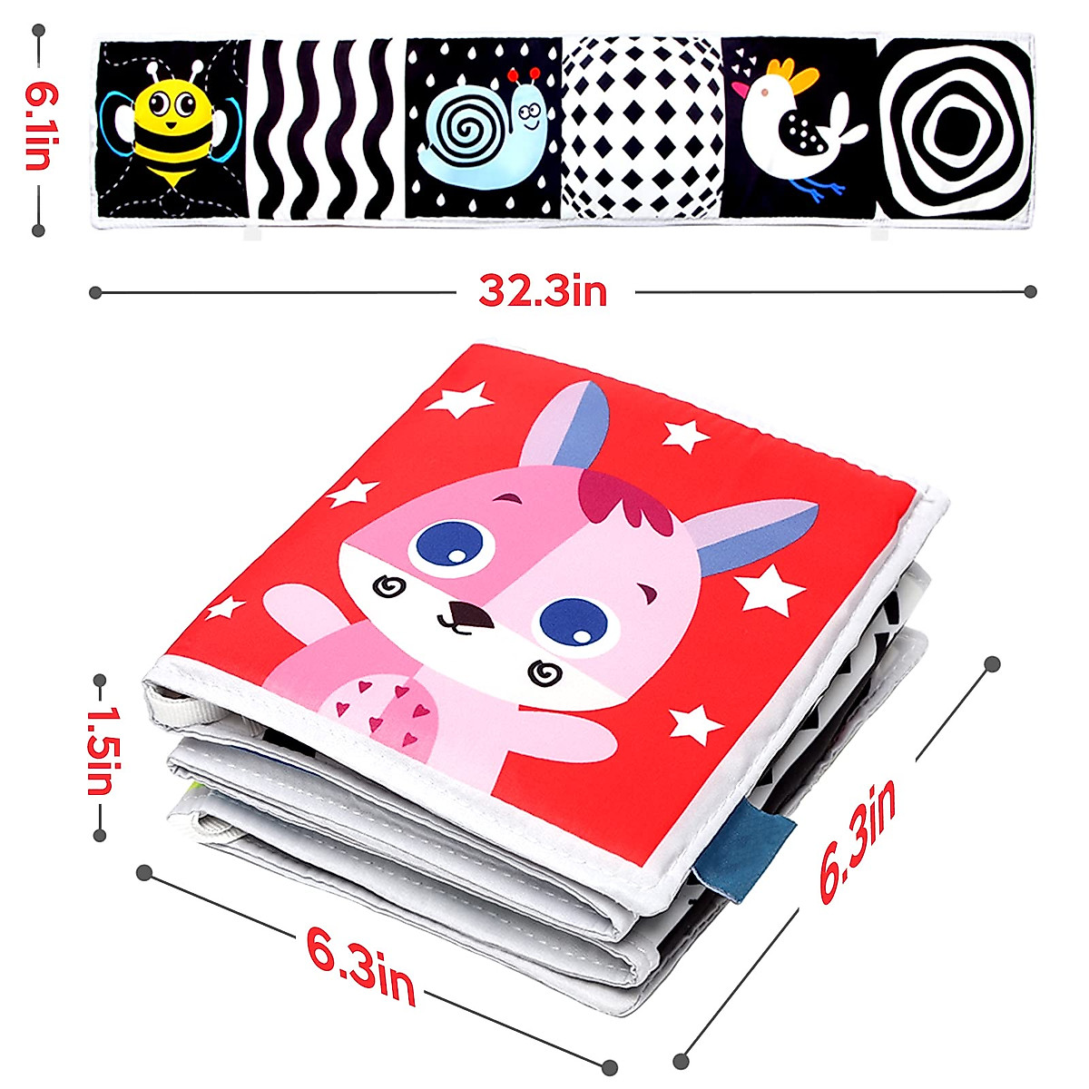 GFPGYQ Black and White High Contrast Baby Soft Books, Newborn Tummy Time Crib Toys for 0 3 6 to 12 Months, Stimulation Brain Development Color Crinkle Cloth Book
