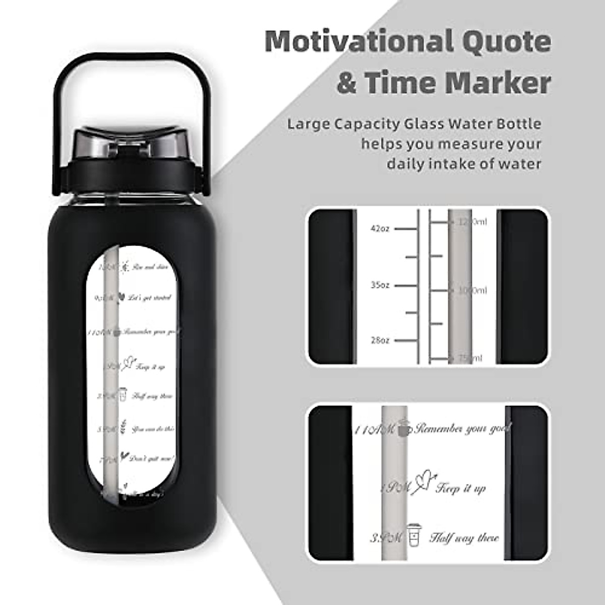 SIEROZUR 74oz Glass Water Bottle Jug with Straw 2.2L Large Half Gallon Motivational Bottle with Handle and Time Marker Wide Mouth Water Canteen with Silicone Sleeve