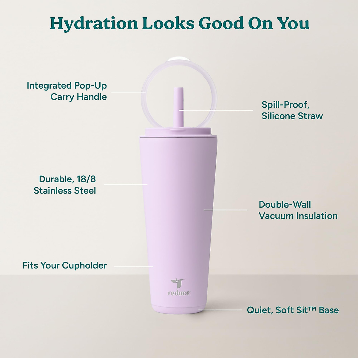 REDUCE Halo 32 oz Stainless Steel Vacuum Insulated Tumbler - Spill Proof Travel Mug with Flip Handle Lid - Keeps Drinks Cold for 32 Hrs - Dishwasher Safe - Cupholder Friendly - Lilac Bud