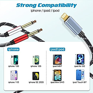Lightning to Dual 6.35mm 1/4" TS Mono Stereo Y-Cable Splitter Lightning to Dual 1/4 inch Audio Cable Compatible for iPhone12/11/X/XS/XR/8/7/iPad,Amplifier, Speaker, Headphone, Mixing Console 3.3FT