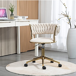 Goujxcy Velvet Swivel Chair, Velvet Desk Chair with Gold Base, Cute Makeup Vanity Chair for Women Girls, Woven Back Adjustable Armchair Task Computer Chair for Home Office Bedroom Living Room, Beige