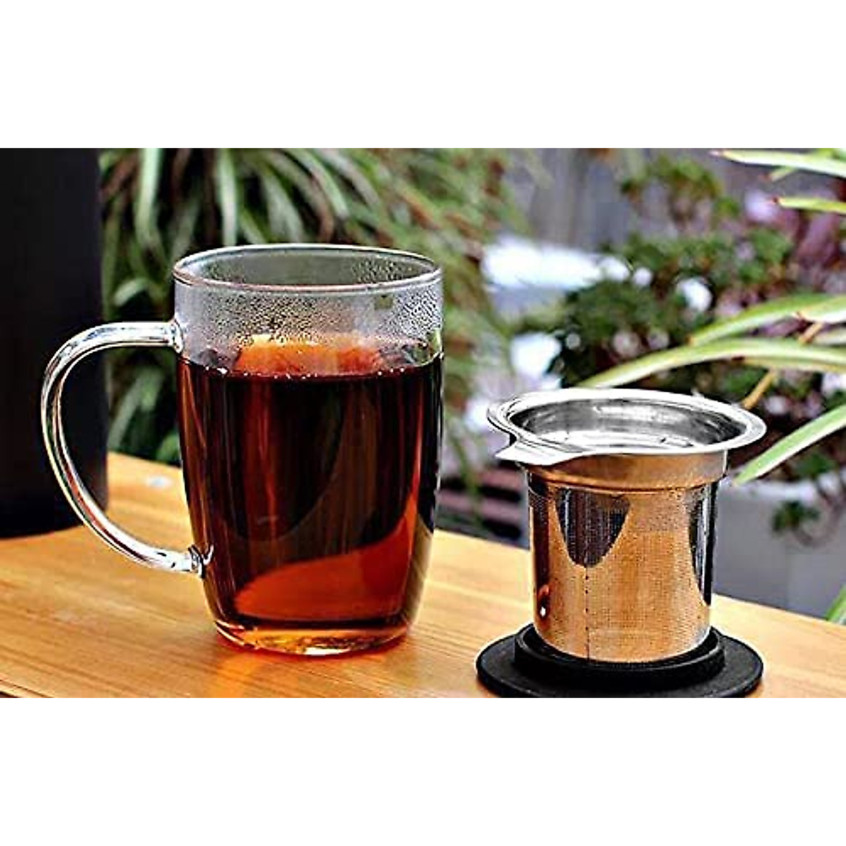 Prime Tea - Glass Teacup with Tea Infuser, 16oz / 470 ml, Hand Blown, Single Wall, Heat Resistance Borosilicate Glass Teacups for Blooming Tea & Loose Leaf Tea, Microwave & Dishwasher Safe (Black)