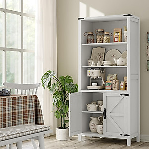 Furnihold Farmhouse Bookcase and Bookshelf with Doors, 5-Shelf Bookcase Adjustable Bookshelf, Wood Bookcase Tall Storage Cabinet for Bedroom, Office Room, Living Room, Off White