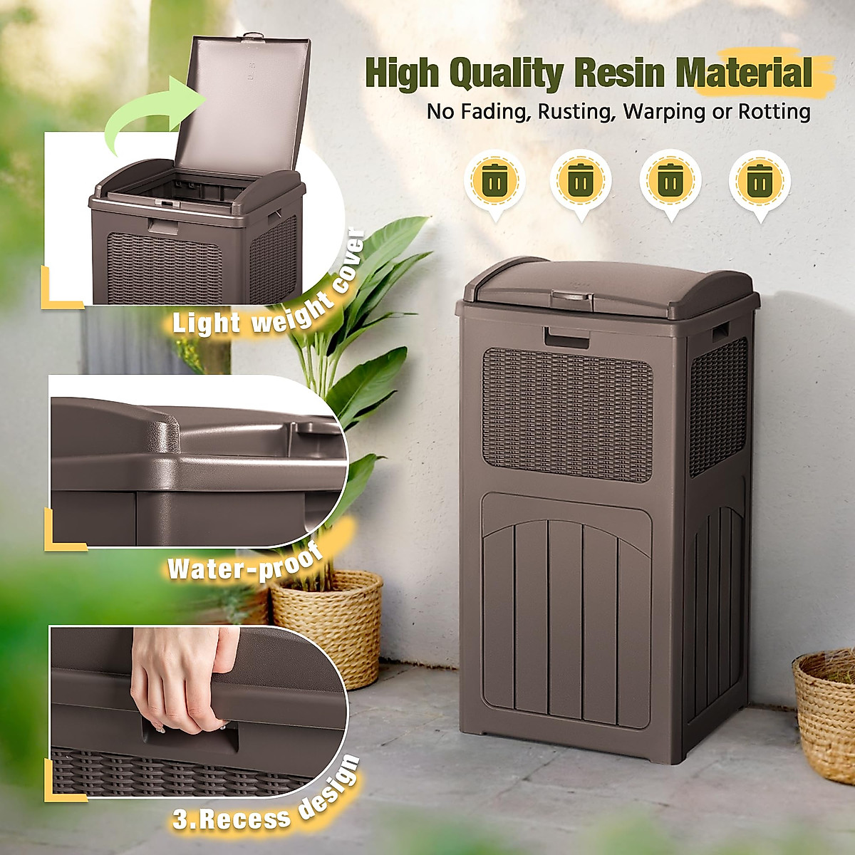 Devoko 33 Gallon Outdoor Trash Can, Hideaway Garbage Bins with Tiered Lid, Waterproof Resin Outside Waste Bins for Patio, Outside Pool, Backyard and Deck(Deep Brown)