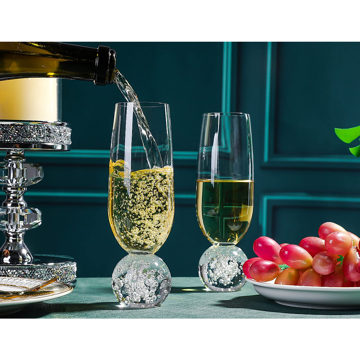 Hanjue Lead-free Crystal Champagne Glasses Set of 4, 7 Oz Clear Champagne Flutes, Ideal for Gifts, Parties,Wedding,Christmas - Durable and Reusable Bar Glassware (bubble ball)