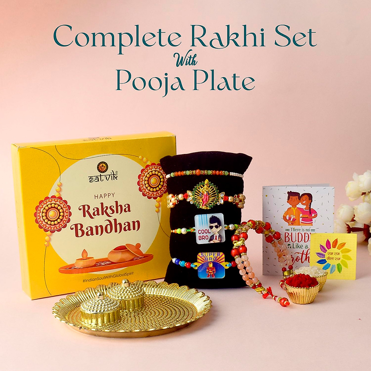 SATVIK 5 Pc Set of Designer Rakhi for Brother Bhaiya & Bhabhi Family Set with Lumba Loomba Rakhi for Bhai with Roli Chawal, Soun Sticker & Greeting Card Handmade Thread Rakhdi Gift Set, Rakhi Thread