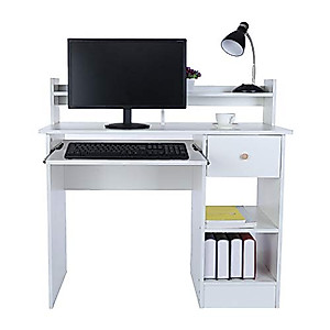 NDGDGA Computer Desk, Modern Laptop Desktop Study Writing Table with Keyboard Tray, Drawer & Shelves for Small Spaces, Home Office PC Laptop Table Wood Workstation (White, 39.3×17.7×37in.)