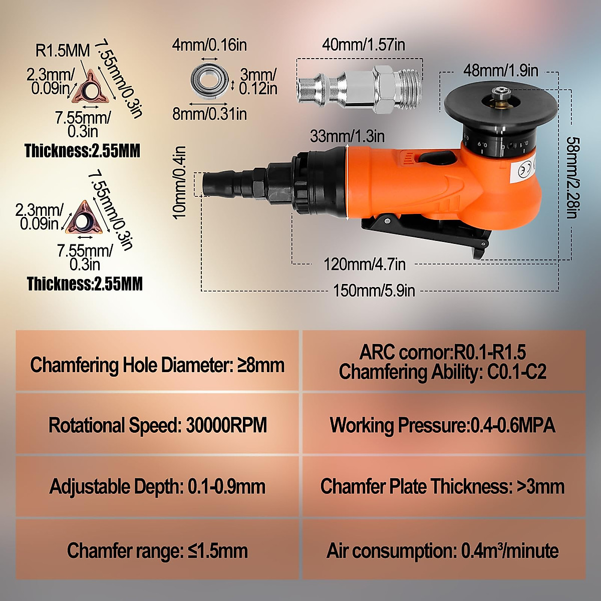 2 in 1 Mini Pneumatic Chamfering Machine, 45° Arc Corner Beveling Trimming Deburring Machine 30000RPM Handheld Chamfering Air Chamfer Tool with 1/4 Inch Air Inlet (C&R Angle Blades,Orange)