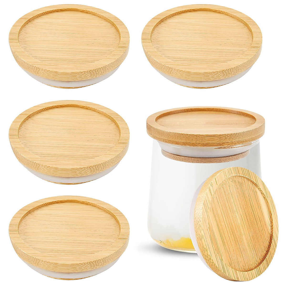 6 Pack Yogurt Jar Lids Set Bamboo Wood Lids with Silicone Sealing Rings Compatible with Oui Yogurt Jars Airtight Glass Storage