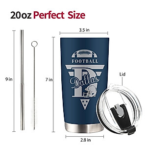 Custom Dallas Tumbler 20oz Stainless Steel with Lid & Straw Personalized Football Fans Gifts for Women Men Travel Cup Insulated Tumbler Add Name Number