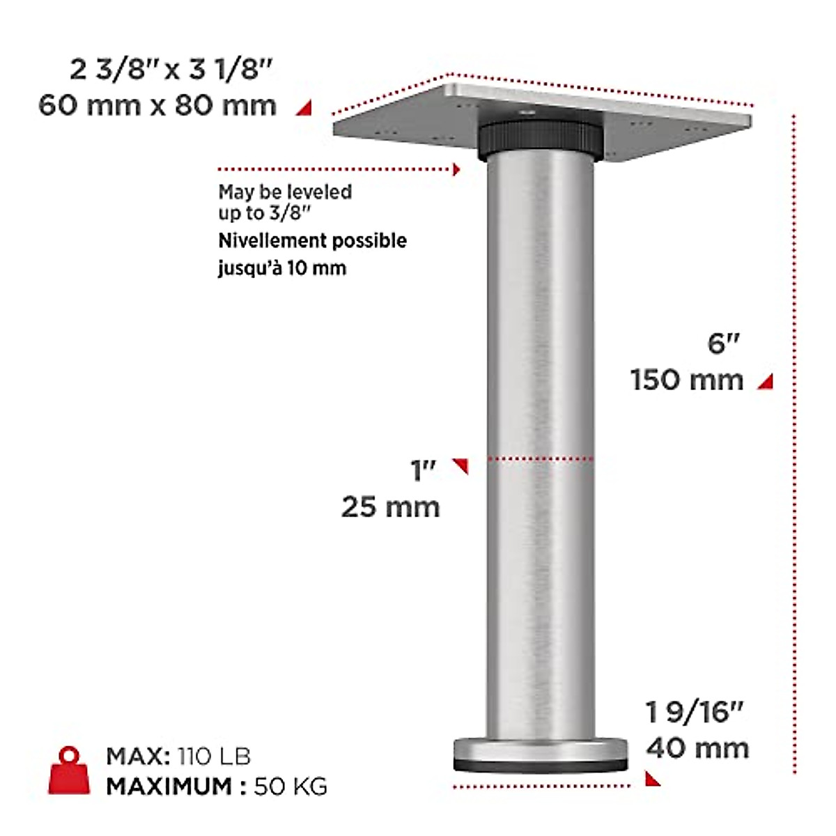 Richelieu Hardware 64217150155 5 15/16 in (150 mm) Round Furniture Leg with Levelling Glide, Satin Nickel