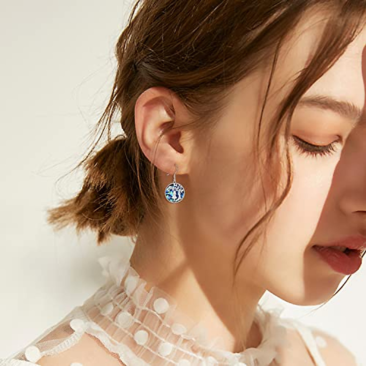 Alice In Pendant Earring Sterling Silver Abalone Shell Tree of Life Wonderland Cat Earring Christmas Gifts for Women Jewelry