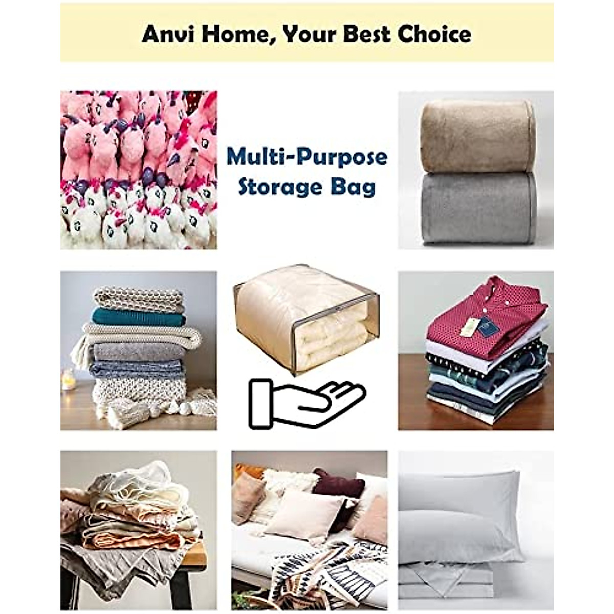 ANVI HOME Clear Vinyl Zippered Storage Bags with Handle 15x18x6 Inch Pack of 12 for Blanket, Linen, Sweater, Bed Sheet, Quilt, Clothes, Pillow, Comforter, Foldable