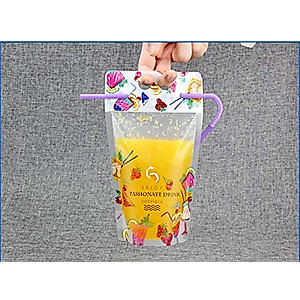 LASLU Zipper Clear Stand-Up Pouches Bags with Plastic Straw,8mil Heavy Duty Hand-held Drinking Bags 1.5" Bottom Gusset, 100 Pack (400ml, Fruits)