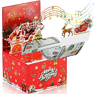 JOYJOM Christmas Money Box for Cash Gift with Pull Out, Surprise Merry Christmas Money Pull Box with Music and Lights, 3D Pop Up Christmas Cards with Money Envelopes Holder