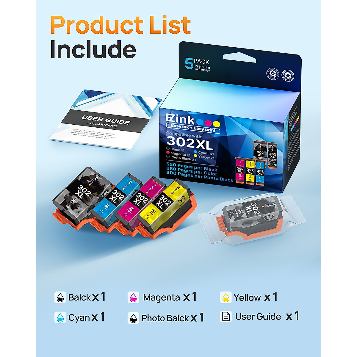 E-Z Ink (TM Remanufactured Ink Cartridge Replacement for Epson 302XL 302 T302XL T302 to use with Expression Premium XP-6000 XP6000 XP-6100 Printer (5 Pack)