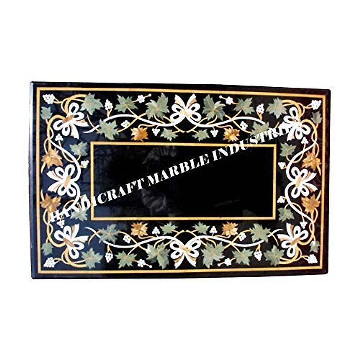 Pietra Dura Natural Black Marble 48" x 30" Inch Grapes Pattern Rectangle Dining Table Top, Black Marble Meeting Room Table Top, Piece of Conversation, Family Heirloom