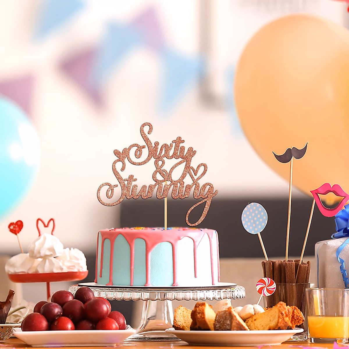 Rose Gold Glitter Sixty & Stunning Cake Topper, 60 Years Loved and Blessed/Cheers to 60 Years/60 & Fabulous, 60th Birthday/Anniversary Party Decorations