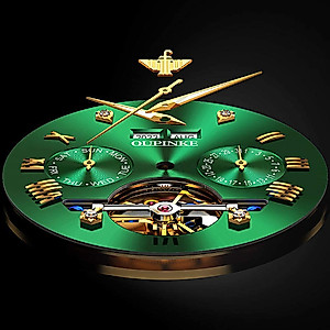 OUPINKE Mens Green Watches Automatic Skeleton Mechanical Self Winding Tourbillon Luxury Dress Wristwatch