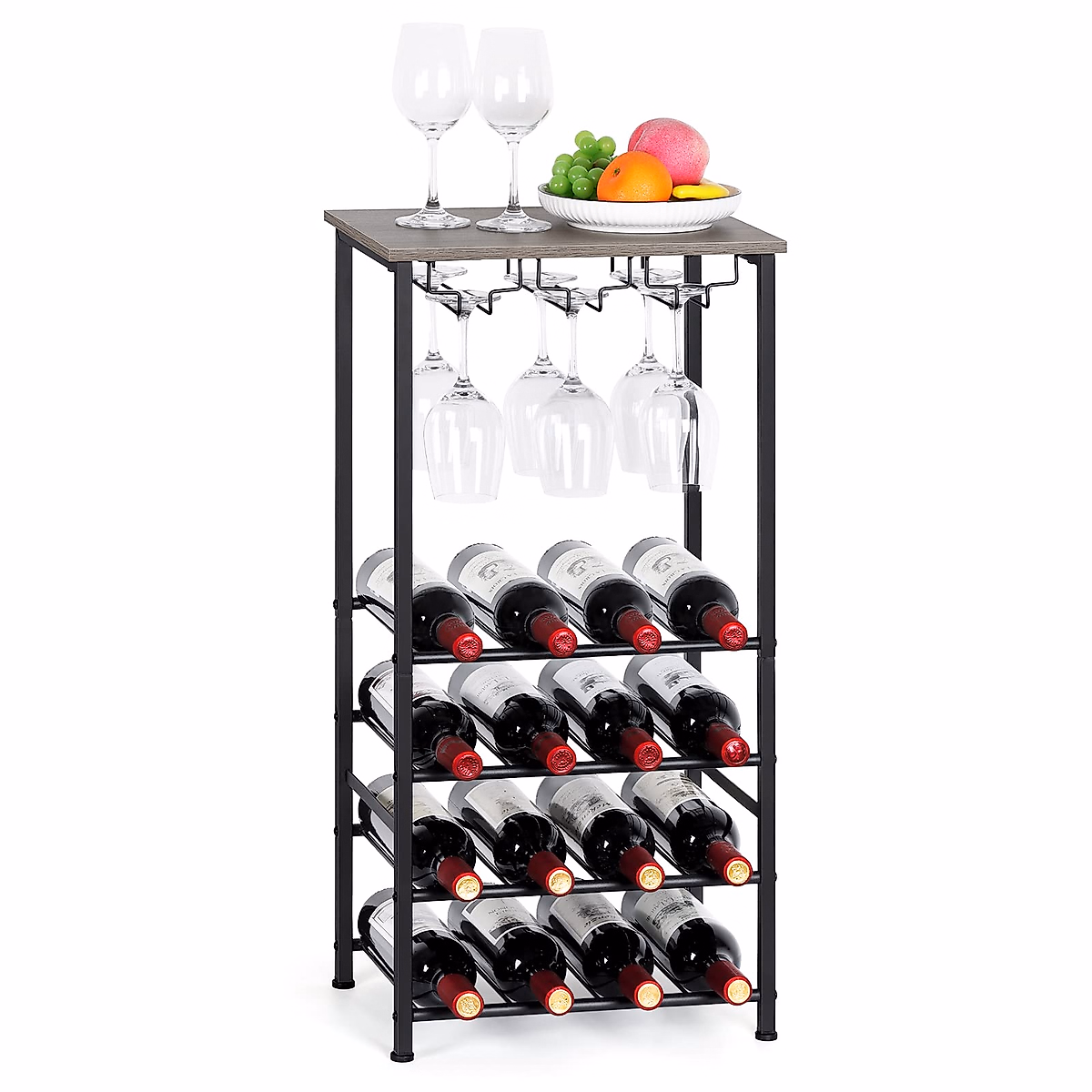 Wine Bottle Holder, Wine Rack Freestanding Floor with Glass Holder Rack, Wood Tabletop & 16 Bottles Holder, Wine Liquor Cabinet Bar for Home Kitchen, Dining Living Room, Gray Oak