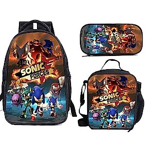 IKBAGVBK Anime Super 3 Piece Kids Backpack Set，Superhero Knuckles Boys Girls Study Schoolbag，Hedgehog Bookbag with Lunch Box & Pencil Case Combo Set