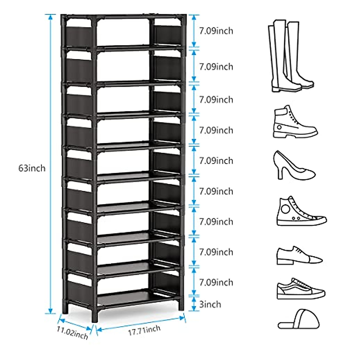 sunvito 10 Tiers Shoe Rack, Tall Narrow Shoe Rack Sturdy Stackable Shoe Shelf Storage Organizer, Holds 20-25 Pairs Vertical Shoe Stand for Closets, Entryway, Black