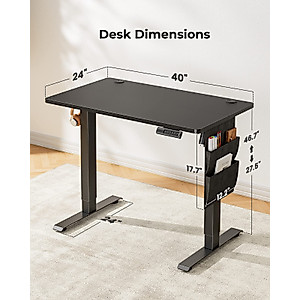 Marsail Standing Desk Adjustable Height, 40x24 Inch Electric Standing Desk with Storage Bag, Stand up Desk for Home Office Computer Desk Memory Preset with Headphone Hook