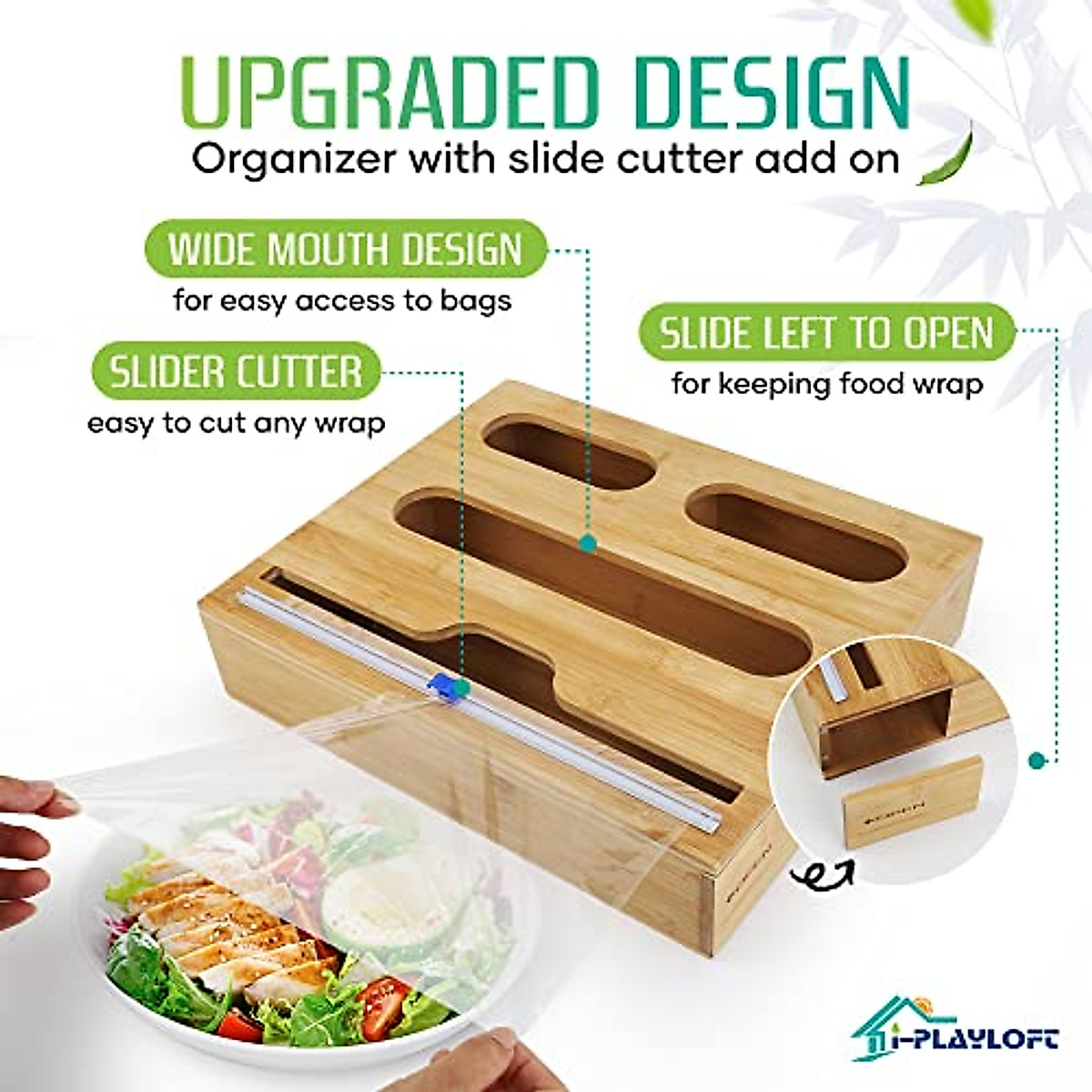 Premium Plastic Wrap Dispenser with Cutter and Ziplock Bag organizer, Bamboo Foil and Plastic Wrap Organizer for Kitchen Drawer, Ziplock Bag Storage Organizer for Gallon,Quart,Sandwich,Snack