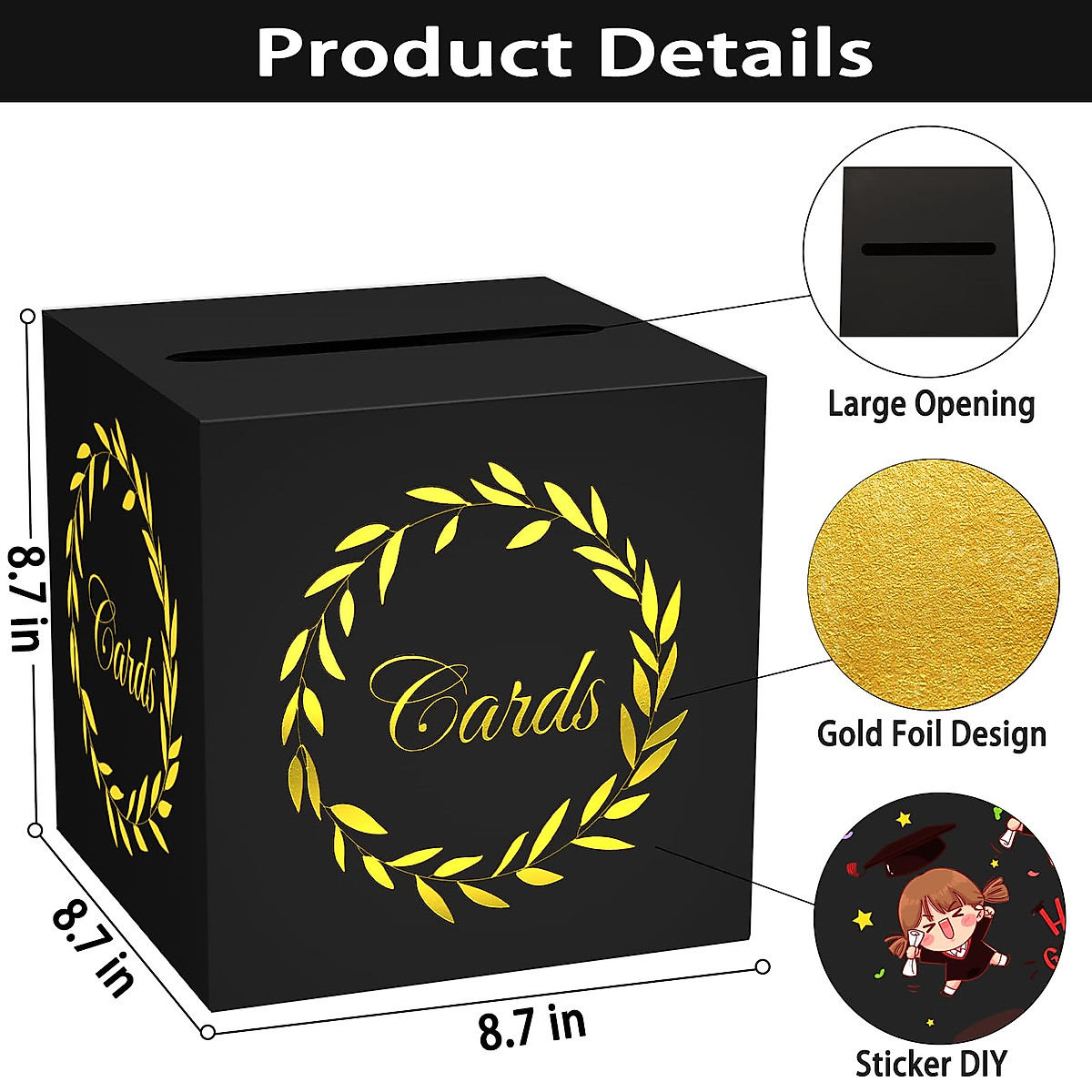 Black Card Box for Party, 8.7" Leaf Gold Foil Design Gift Cards Receiving Box Holder for Wedding, Bridal Shower, Graduation, Birthday, Retirement, Baby Shower, Anniversaries Party Decorations