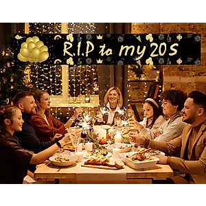Joyiou R.I.P To My 20s Happy 30th Birthday Decorations Banner for Men Women, 30 Year Old Birthday Party Black Gold Sign Supplies, 30 Birthday Photo Booth Props Backdrop (9.8x1.6ft)