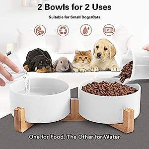 Ihoming Cat Bowls, Puppy Ceramic Food and Water Bowls Set, 1 3/4 Cups X 2, Indoors White Pet Bowls with Wood Stand