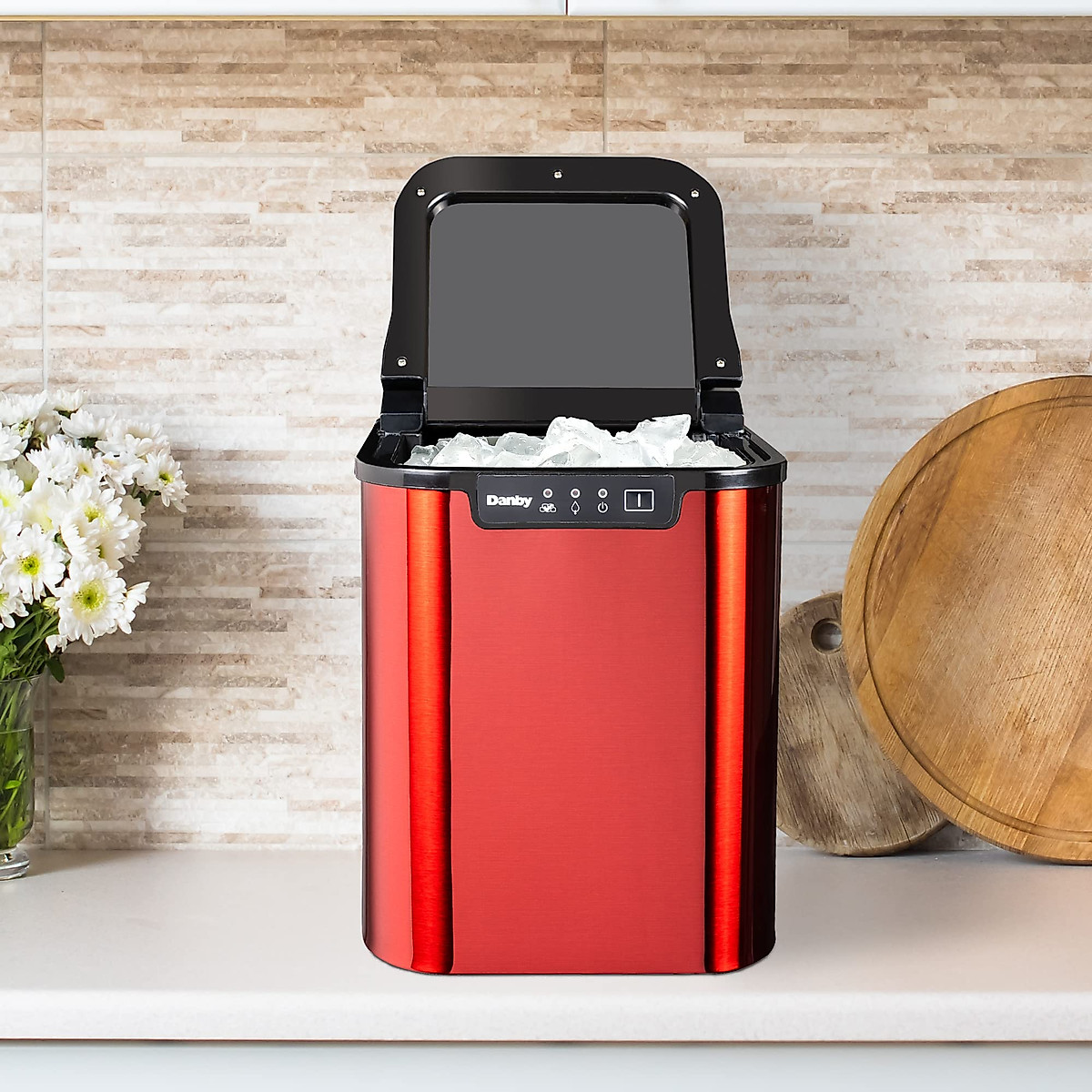Danby DIM2500RDB Countertop Ice Maker, Makes 25 lbs Ice in 24 Hrs, Holds 2 lbs of Ice, Red Ice Machine with Electronic Controls, LED Display and Self Clean Function