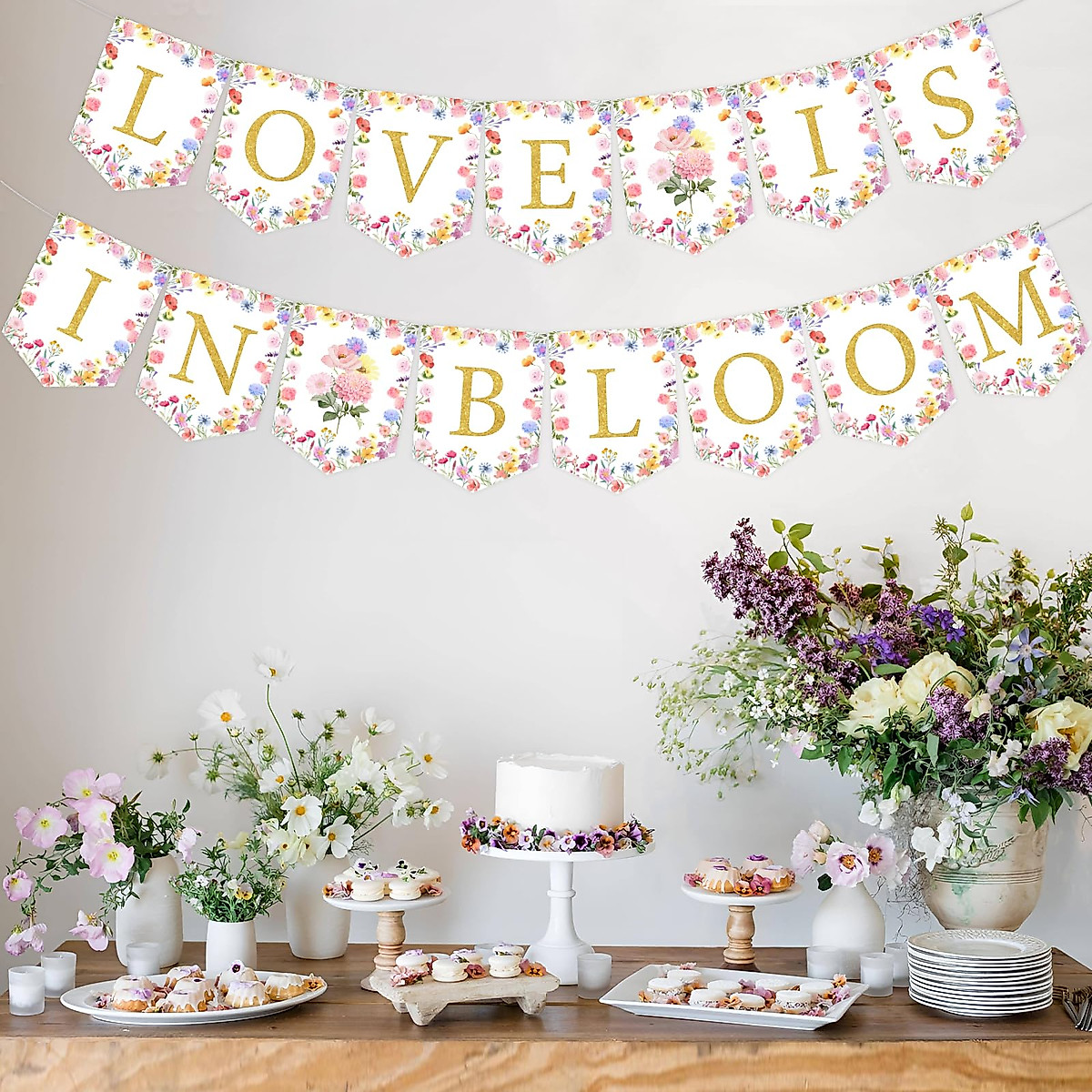 Cheereveal Love is in Bloom Banner - Flower Theme Bridal Shower Bunting Garland, Pink Pre-Assembled Party Signs, Engagement Wedding Party Supplies and Decorations