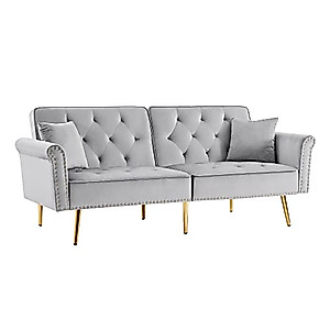 Kakotito Tufted Velvet Sofa Bed Sleeper with 2 Pillows, Luxury Loveseat Couch, Splitback Futon for Living Room & Office, Convertible Futon with Vintage Nailhead Trim and Metal Legs (Gray)