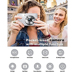 Lecran Digital Camera FHD 1080P 36.0 MP Vlogging Camera with 16X Digital Zoom, LCD Screen, Compact Portable Mini Cameras for Students, Teens, Kids (Silver Grey)
