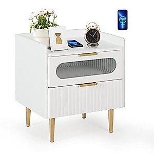 AILEEKISS Nightstand with Wireless Charging Function Modern Night Stands with Tempered Glass Drawer Wooden Nightstands for Bedroom (White)